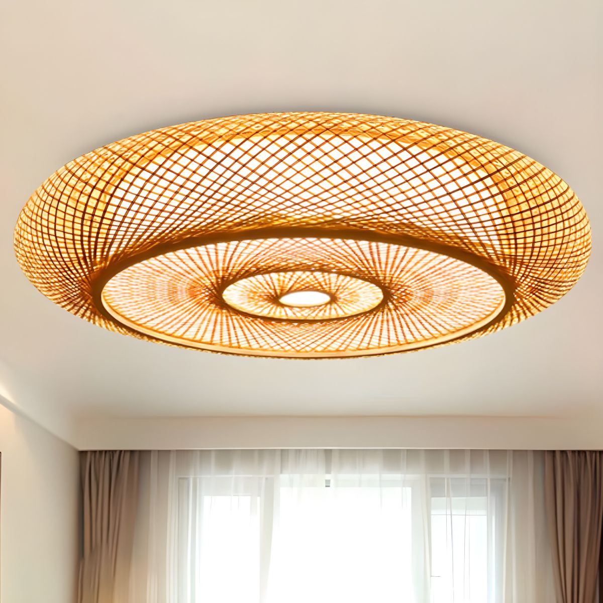 Asian 3 Bulbs Flush Light Flaxen Donut Close to Ceiling Lighting with ...
