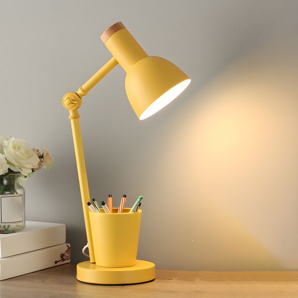 Swing Arm Study Room Desk Lamp Metal 1 Head Macaron Style Reading Light with Pen Holder 110V 120V Plug In Electric Yellow