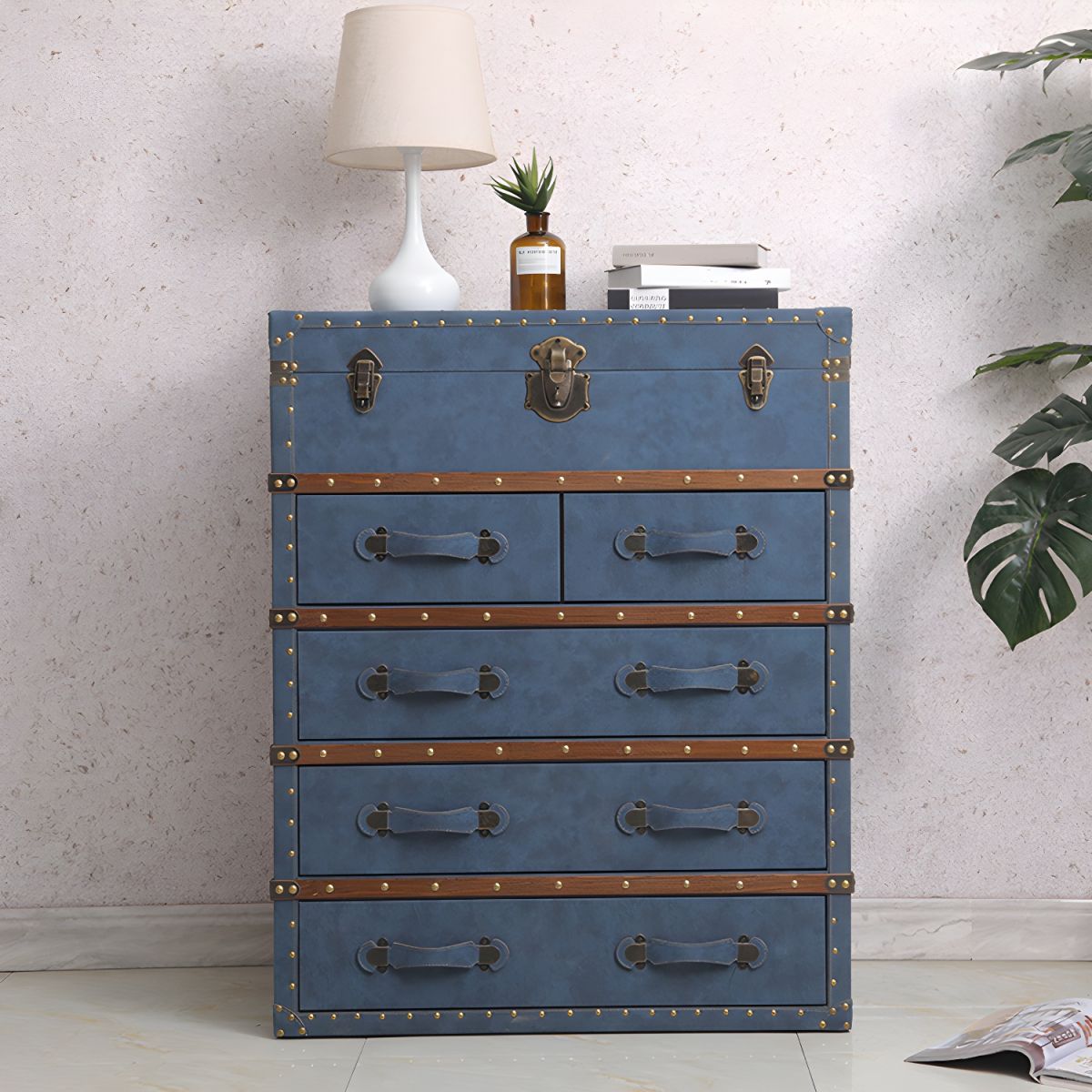 Rustic Leather Chest Vertical Chest with Drawers for Bedroom - Black ...