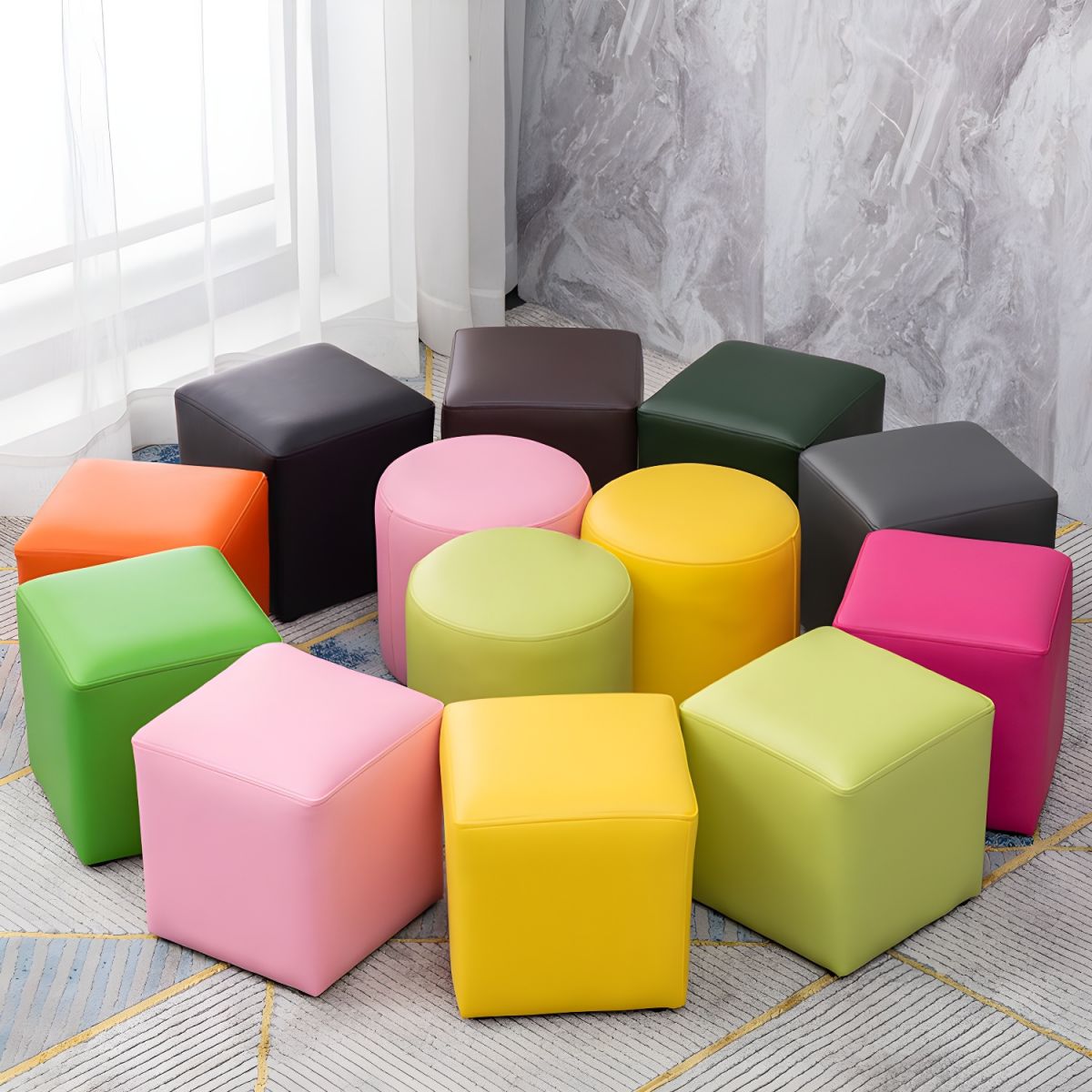 Contemporary Pouf Ottoman Faux Leather Upholstered Solid Color Ottoman ...