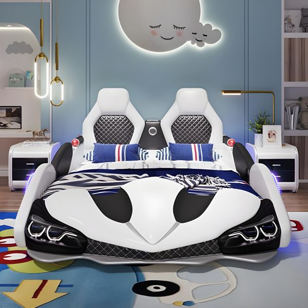 Modern Contemporary Genuine Leather Upholstered with Guardrail Cars Bed Kids Beds