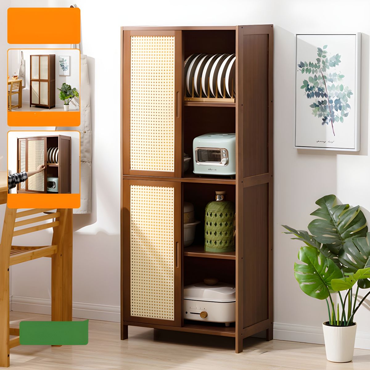 Mid-Century Modern Rectangle Cabinet with Wicker&Rattan Doors - 60 x 30 ...