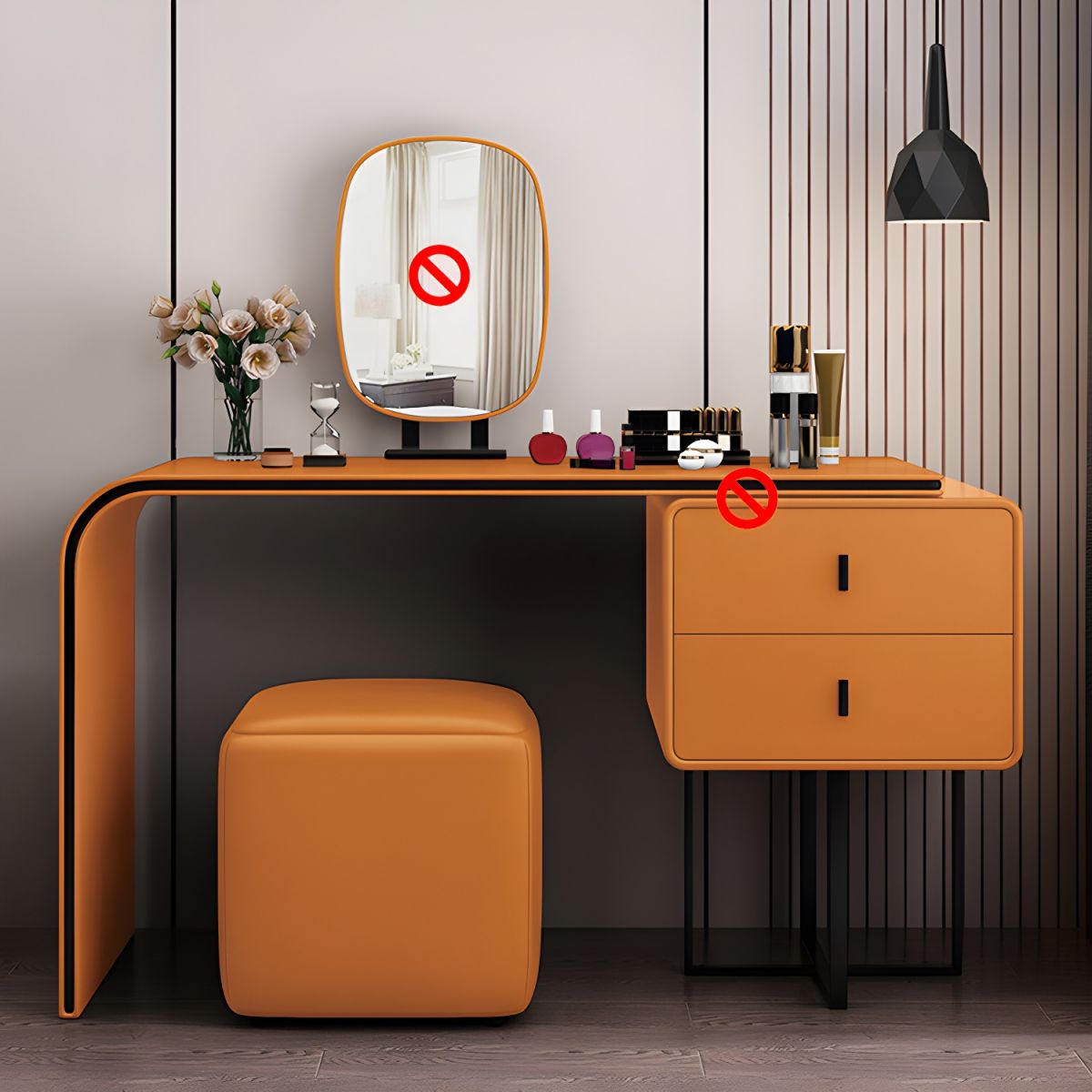 2-drawer Leather Vanity Table 28.74" H Dressing Table with Metal Base ...