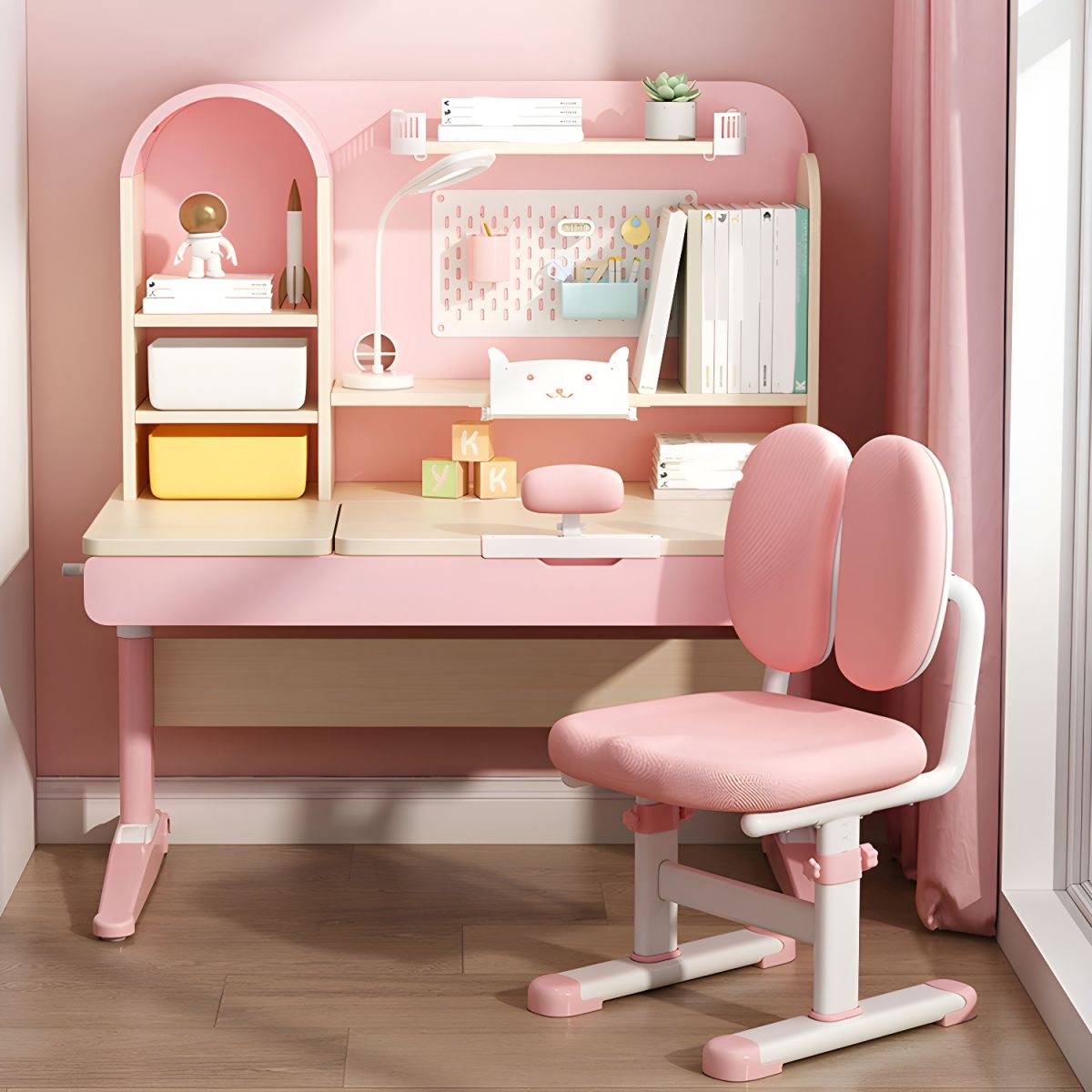 Adjustable Study Desk Ergonomic Desk with Hutch and Chair Set - Pink ...