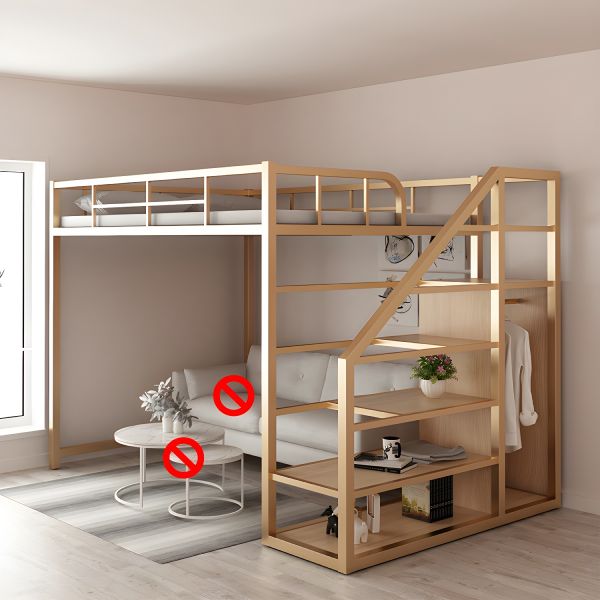 Iron High Loft Bed with Storage Contemporary Full Queen Loft Bed with Stairway With Wardrobe Gold 59 W x 79 L