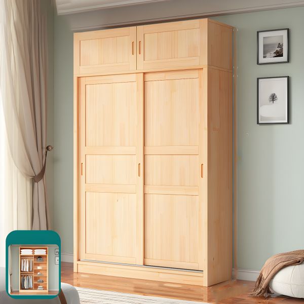 Natural Pine Solid Wood Wardrobe Freestanding Wardrobe with Sliding Doors 31 L x 16 W x 87 H Armoire with Top Cabinet