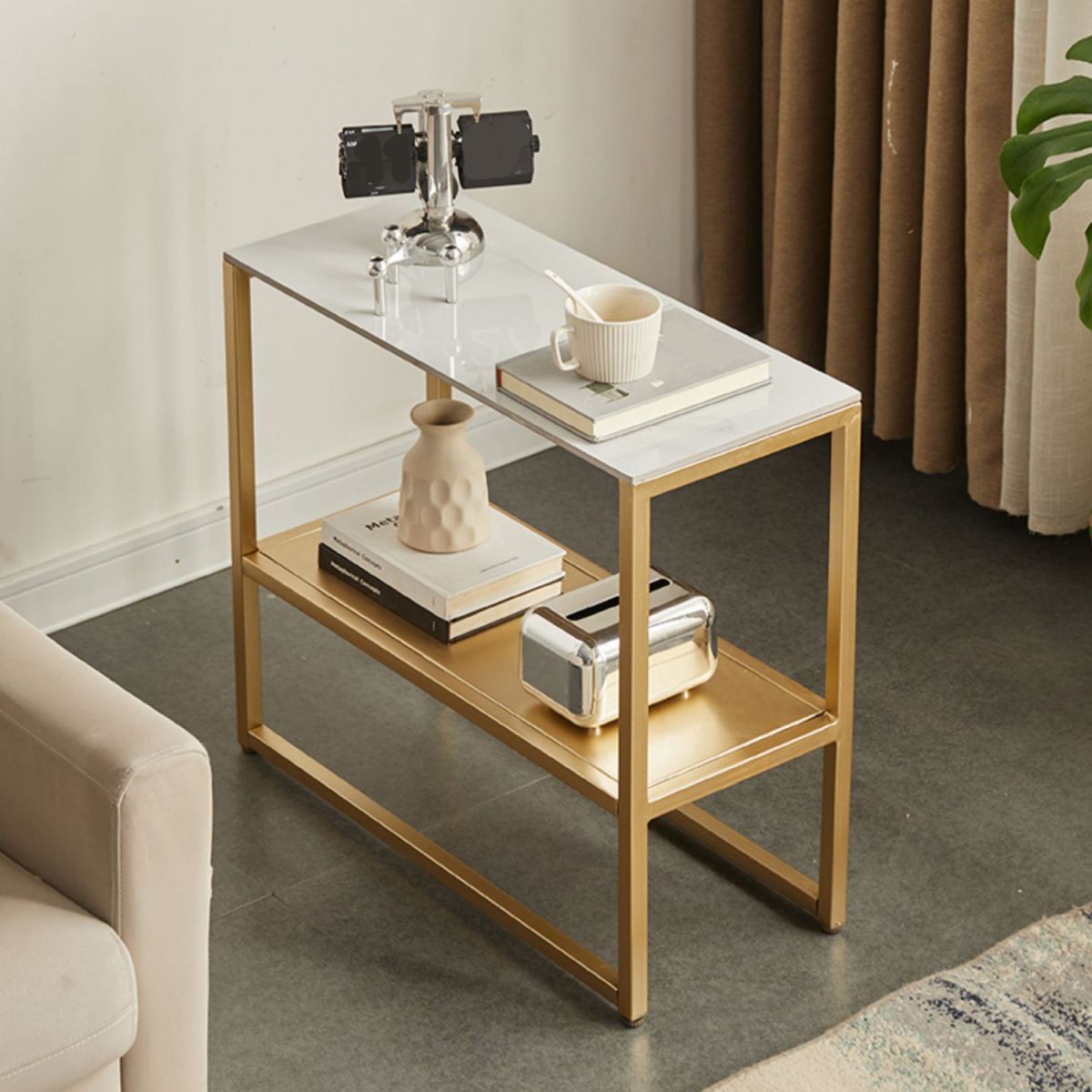 Contemporary Side End Table Slate Top Iron Frame with Shelves - White ...