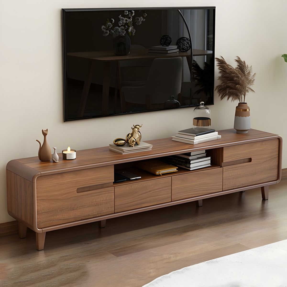 Mid-Century Modern Wood TV Stand with Open Shelving, Drawers, and Low ...