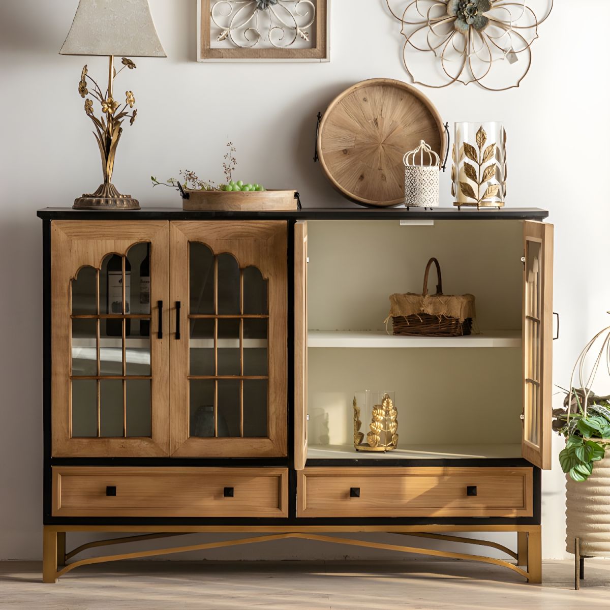 Light Wood Modern Display Stand with Glass Doors and Cabinet Included ...
