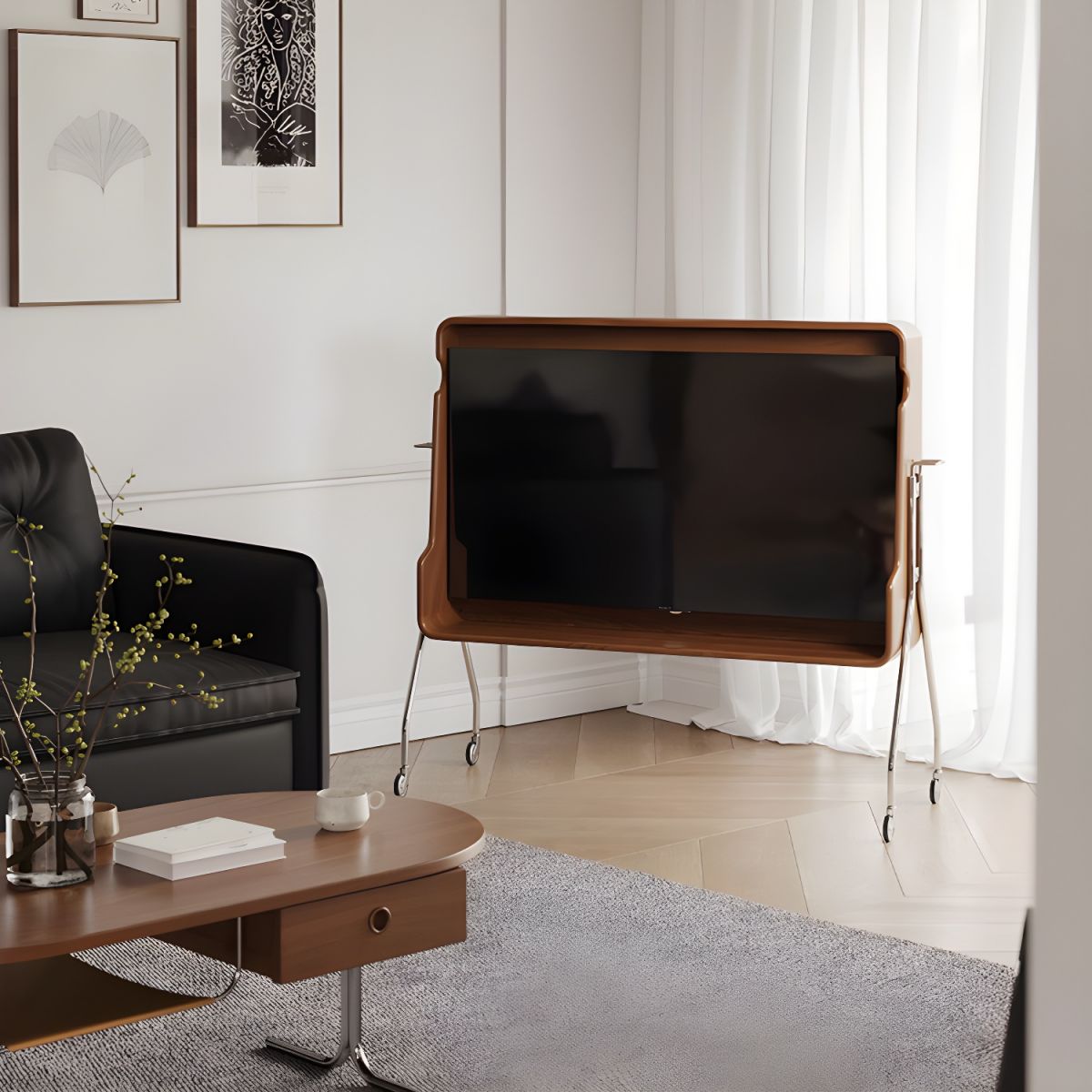 Scandinavian Brown Wood TV Stand with Open Storage and Casters Included ...