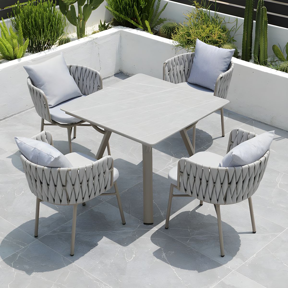 Modern Gray Patio Dining Set with Upholstered Chairs and Stackable ...