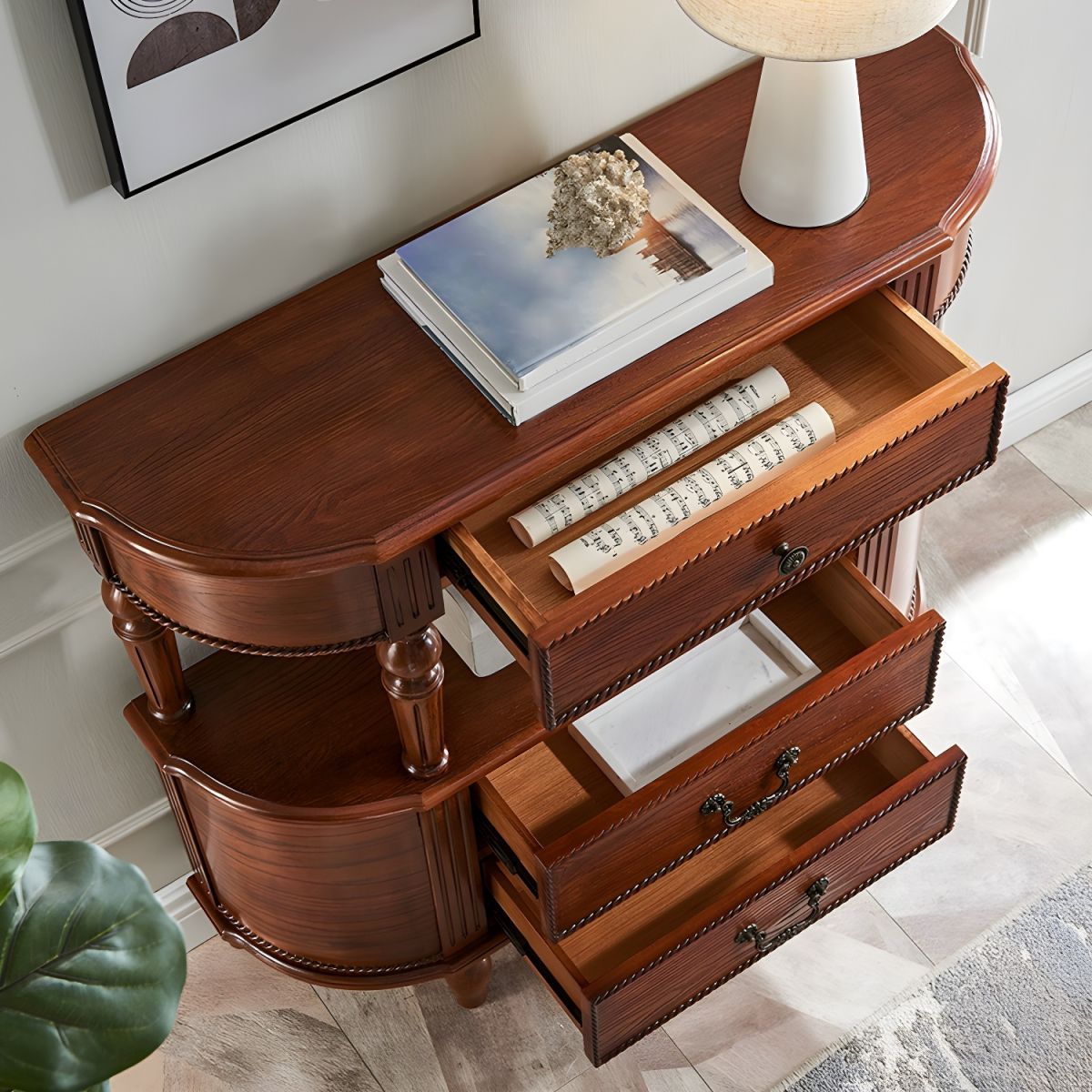Traditional Brown Wood Half-Circle Console Table with Drawers and ...