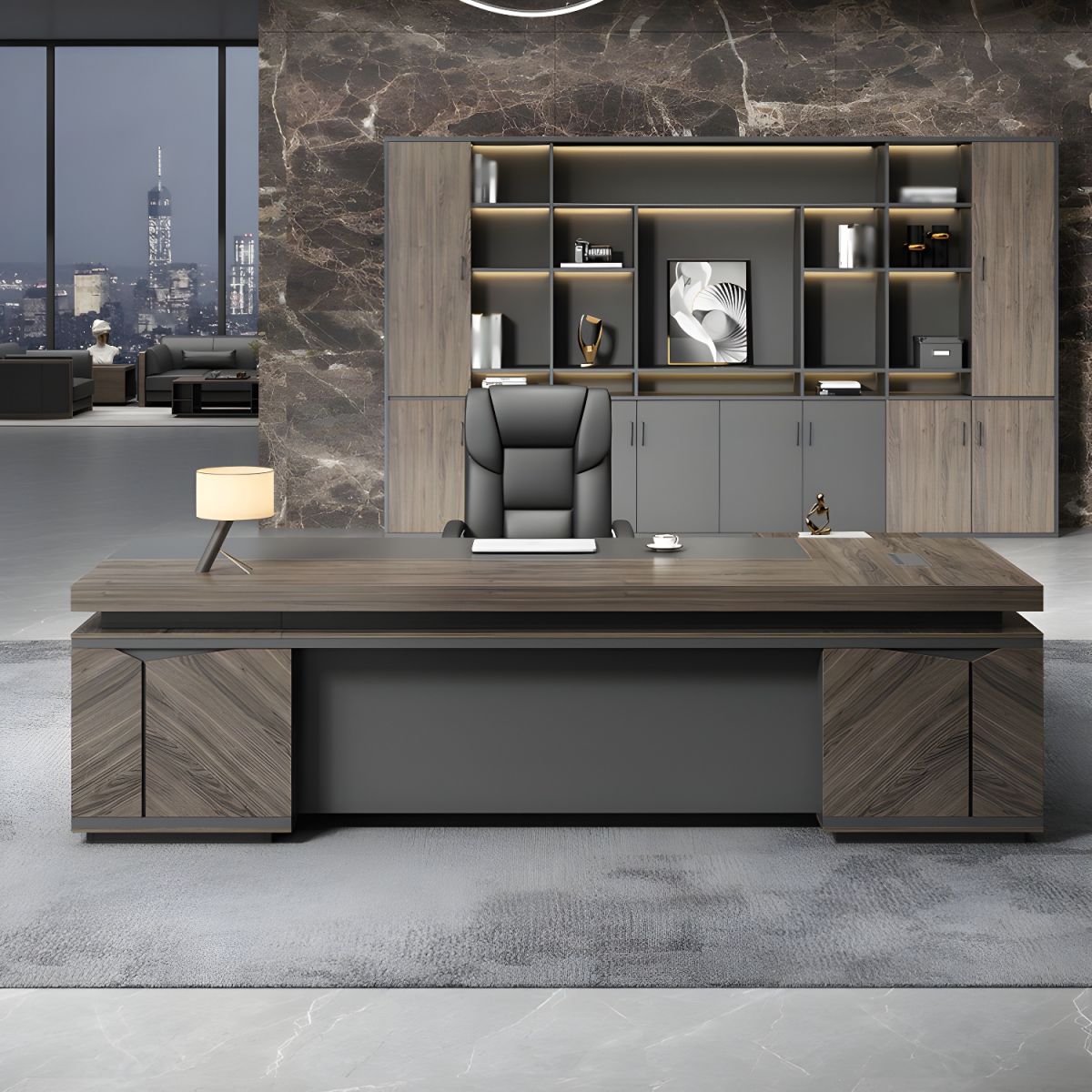 Traditional Brown Executive Desk with Locking Cabinet and Reversible L ...