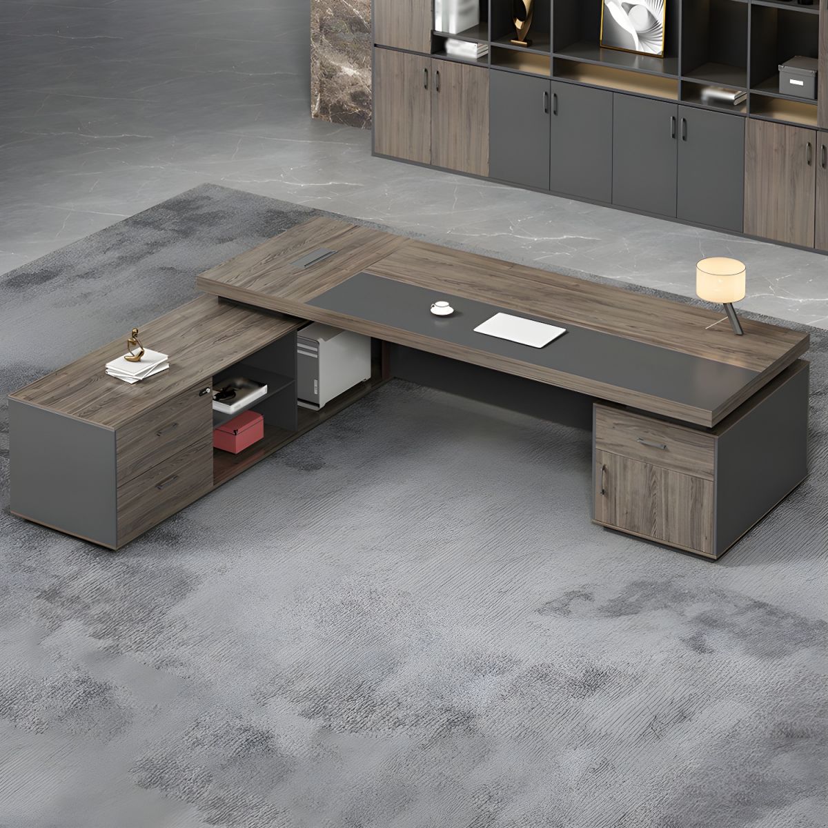 Traditional Brown Executive Desk with Locking Cabinet and Reversible L ...