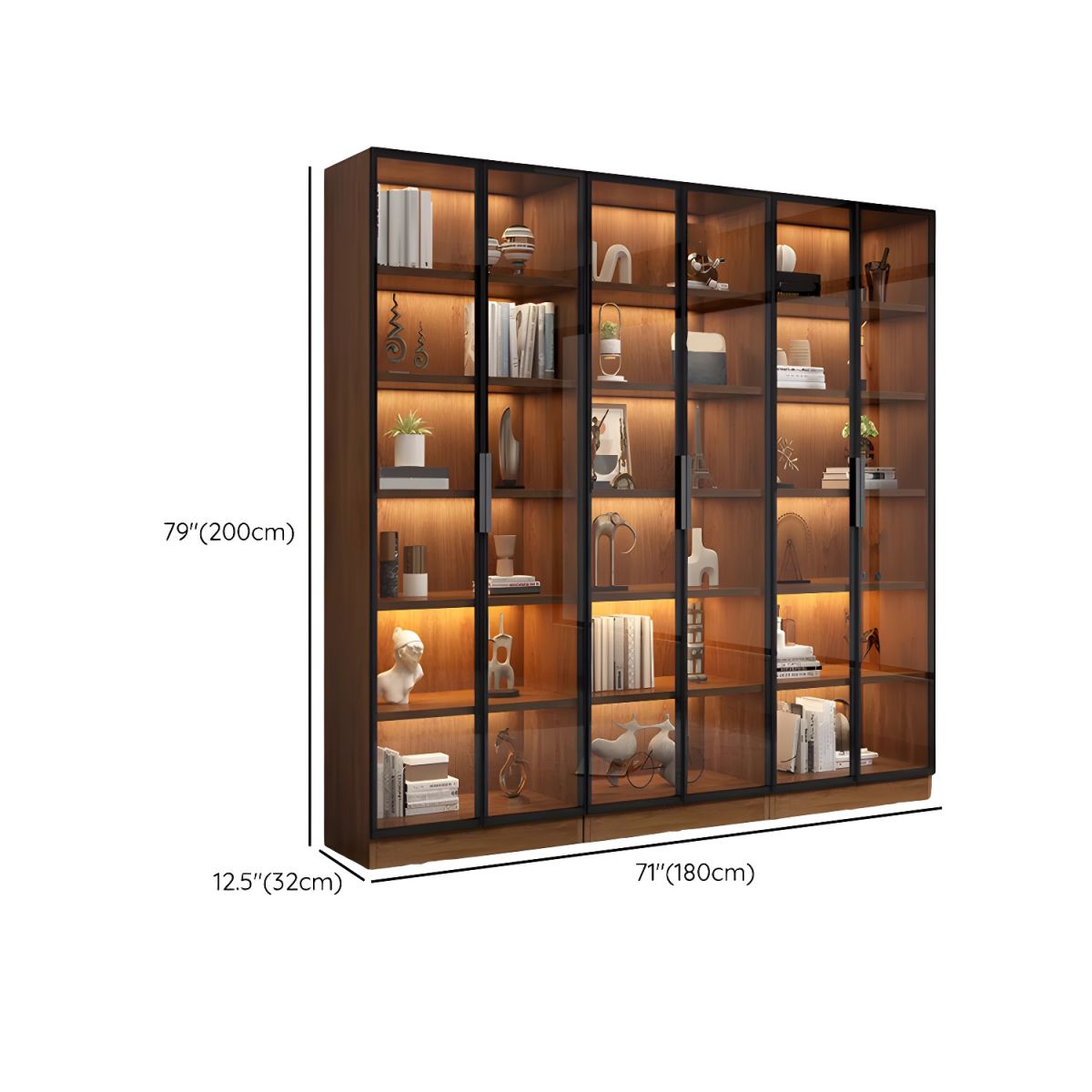 Brown Wood Vertical Bookcase with Transparent Glass Door and 5 Shelves ...