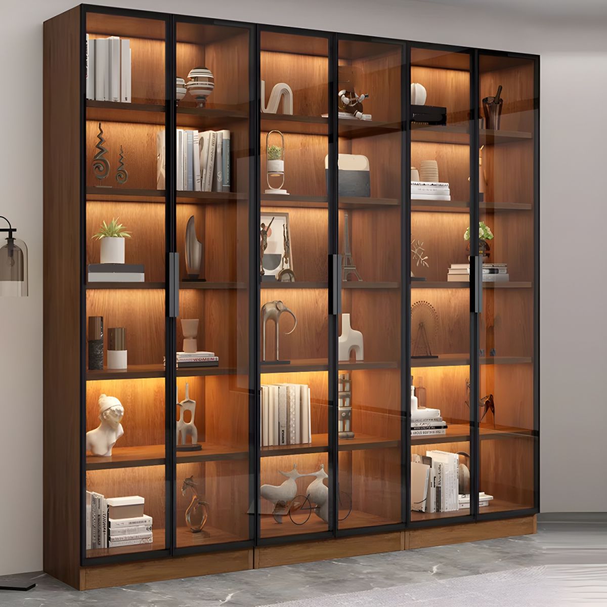 Brown Wood Vertical Bookcase with Transparent Glass Door and 5 Shelves ...