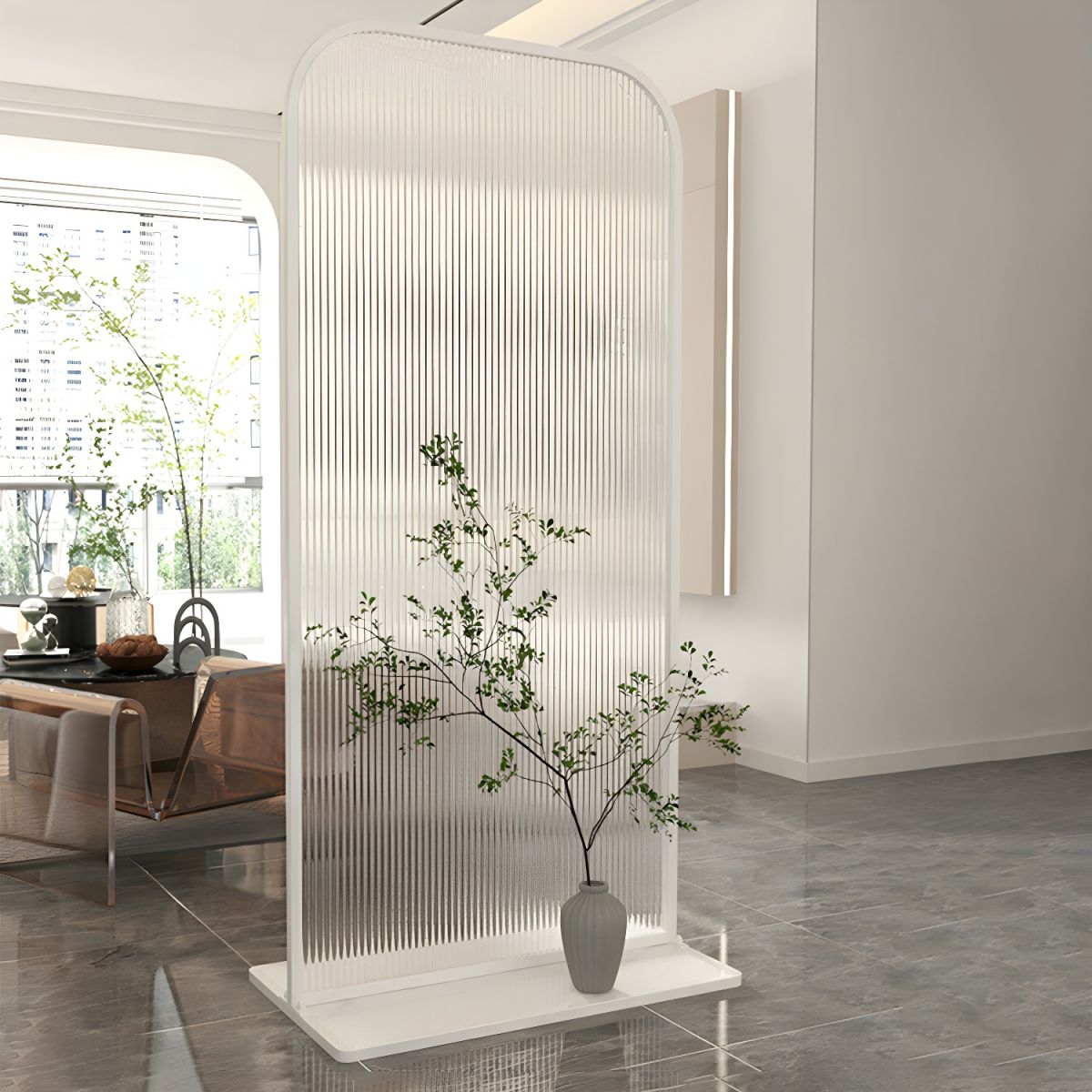 Translucent Glass Room Divider with Metal Frame - Modern Single Panel ...