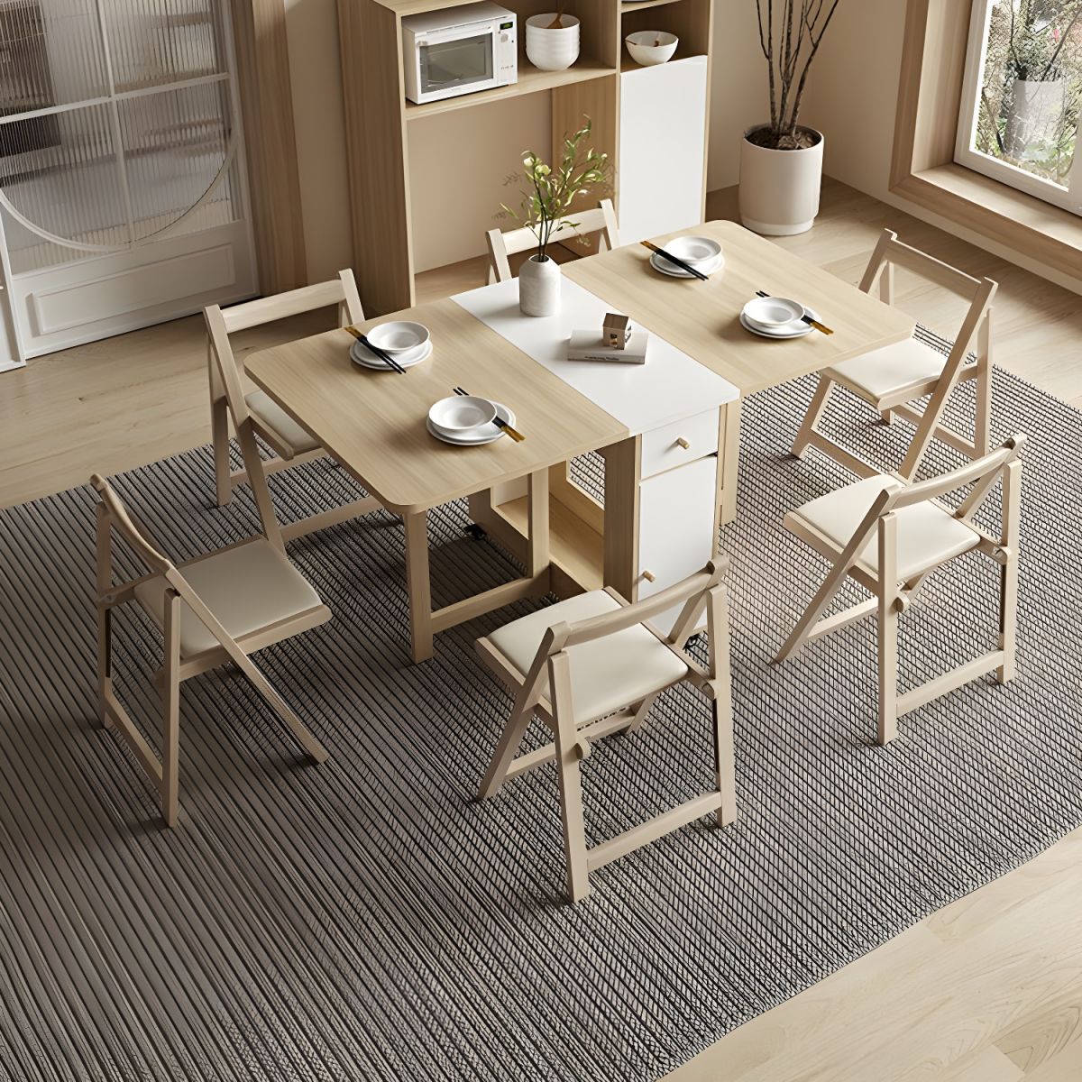 Expandable Wooden Dining Table with Folding Mechanism and Pedestal Base ...