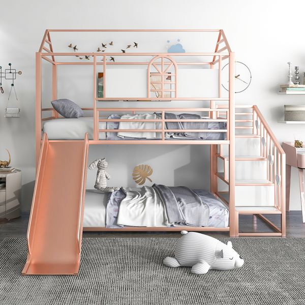 Metal Canopy Kids Bunk Bed with Repository Storage Standard Bunk Configuration Stairs and Guardrail Rose Gold 90W x 200L cm Bunk Bed Stairs Slide