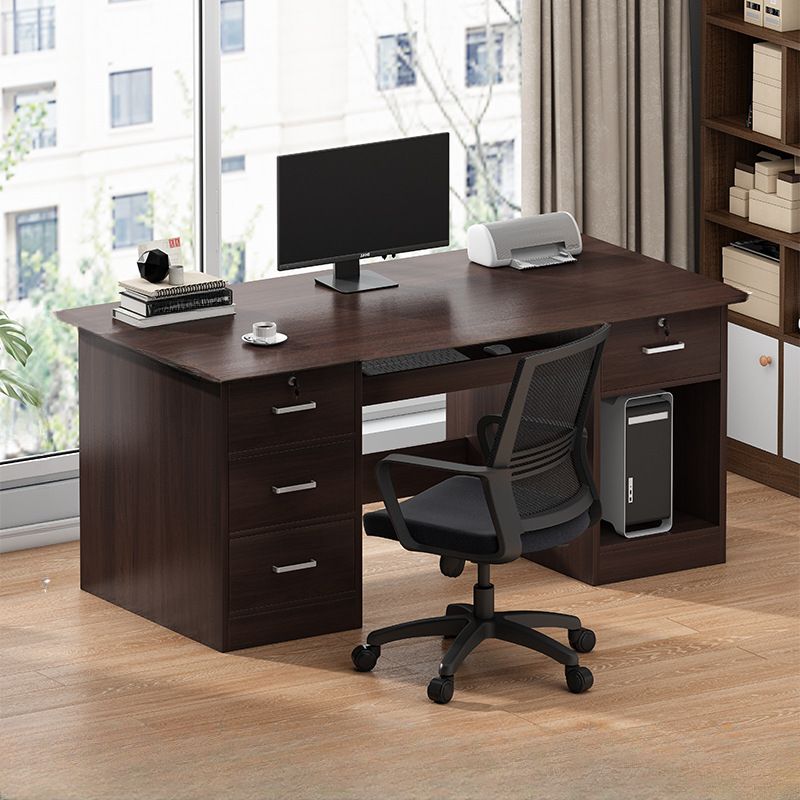 Coffee Wood Neutral Tone Computer Desk with Locking Drawer, Keyboard ...