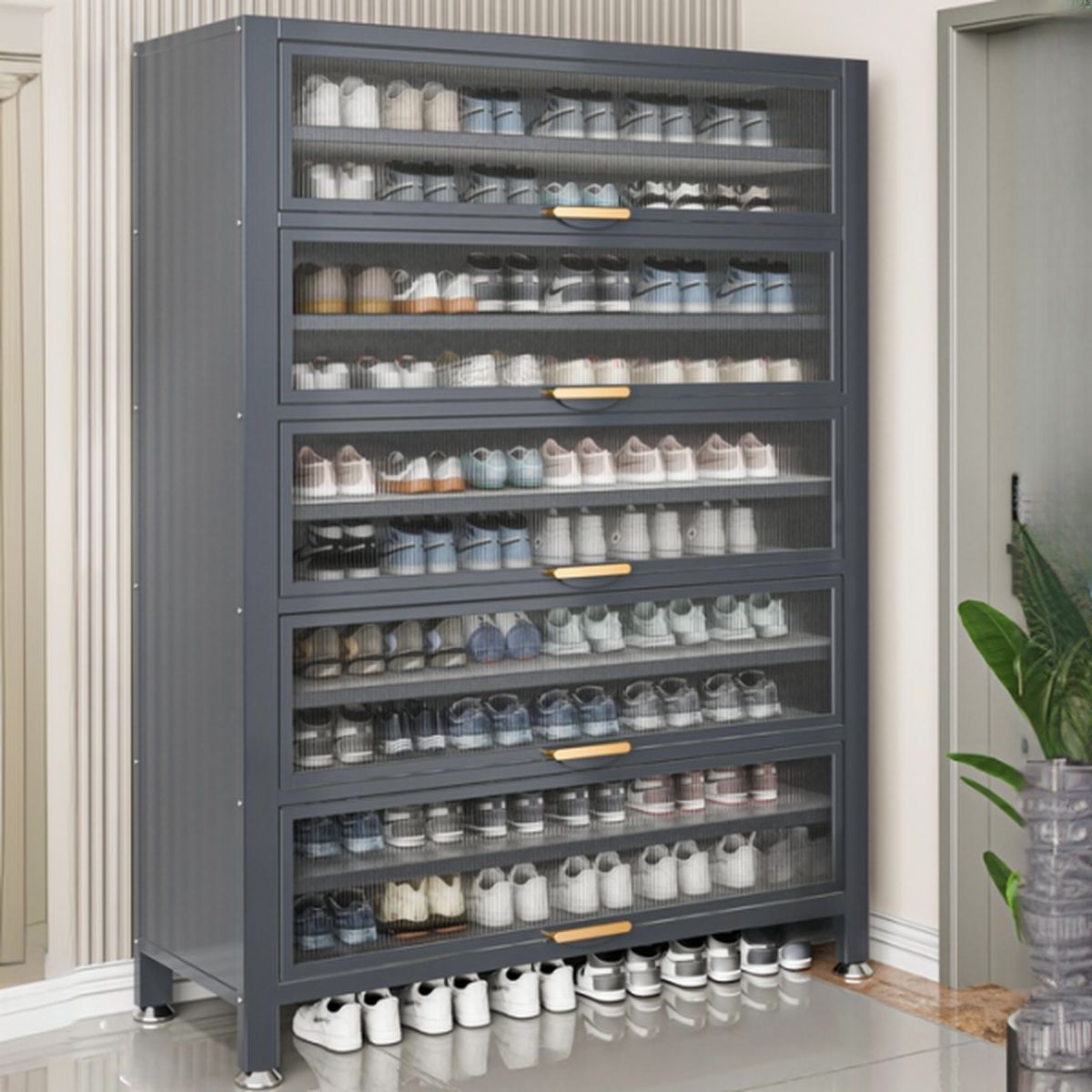 50-Pair Grey Steel Shoe Tower with Changeable Shelf, Gate, Closed Back ...