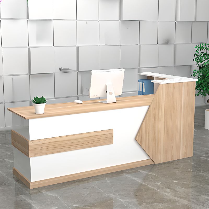 L-Shape Natural Finish Manufactured Wood Top Reception Desk with Hutch ...
