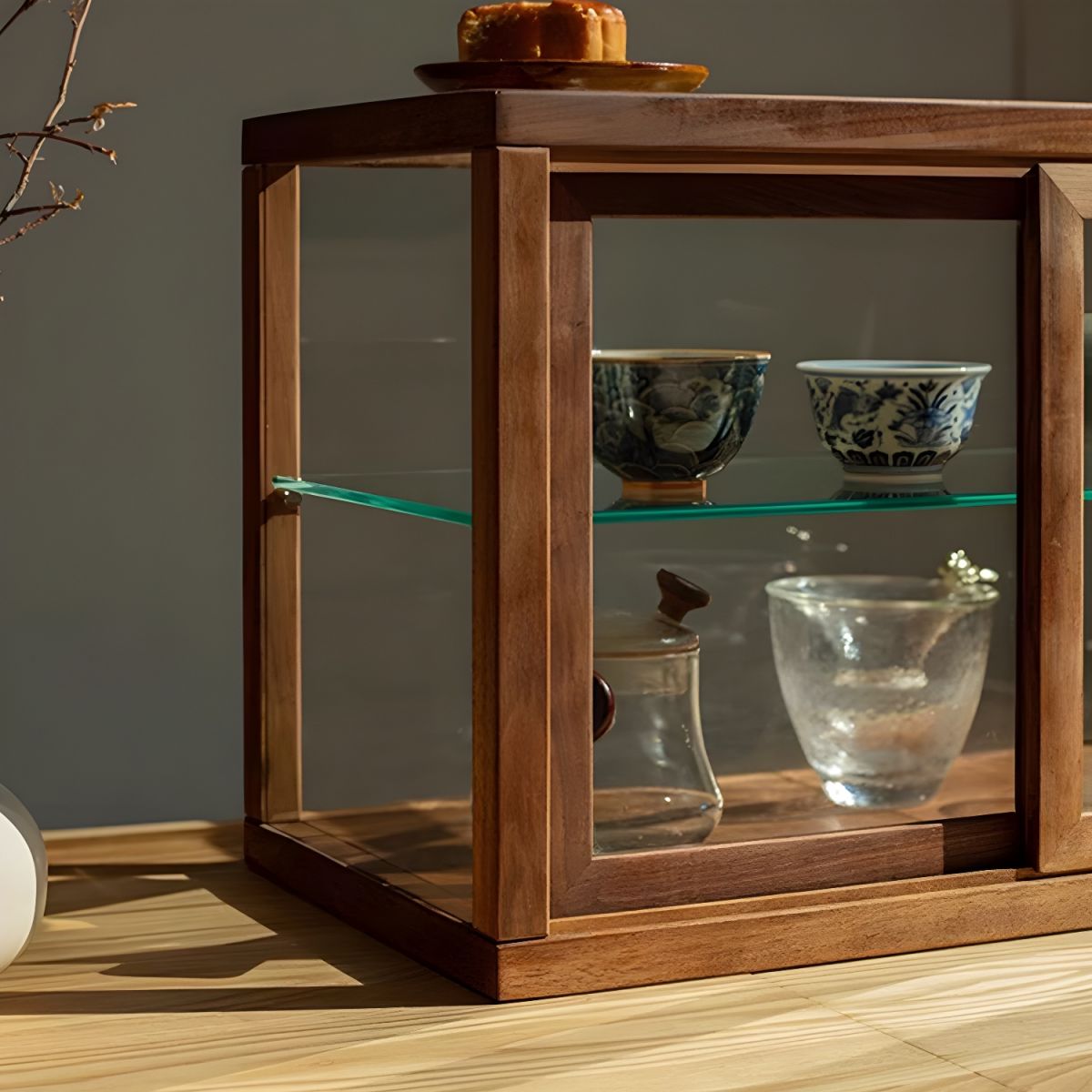 Contemporary Walnut Wood Curio Cabinet in Brown with Glass Doors and ...