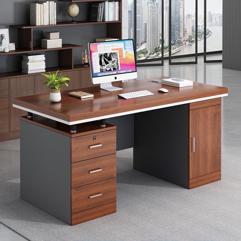 Modern Wood Brown Computer Desk with Integrated Cable Management and ...