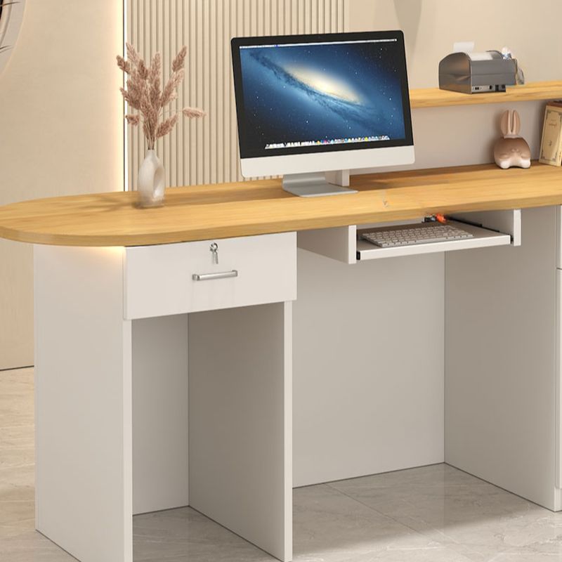 Wood Grain Rectangle Reception Desk with Stone Top, Locker, Keyboard ...