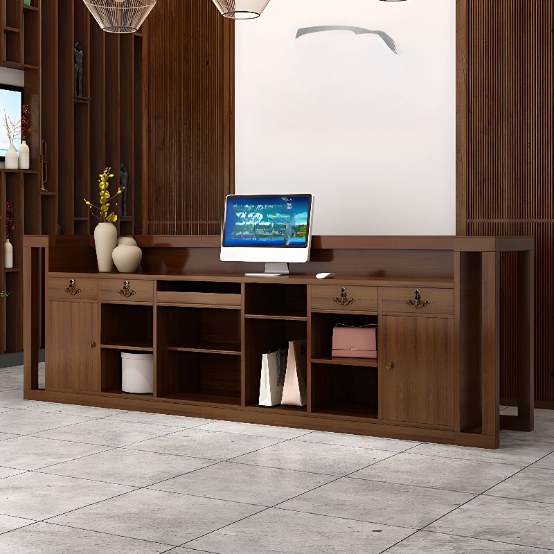 Solid Wood Top Dark Brown Reception Desk with Filing Cabinet, Hutch ...