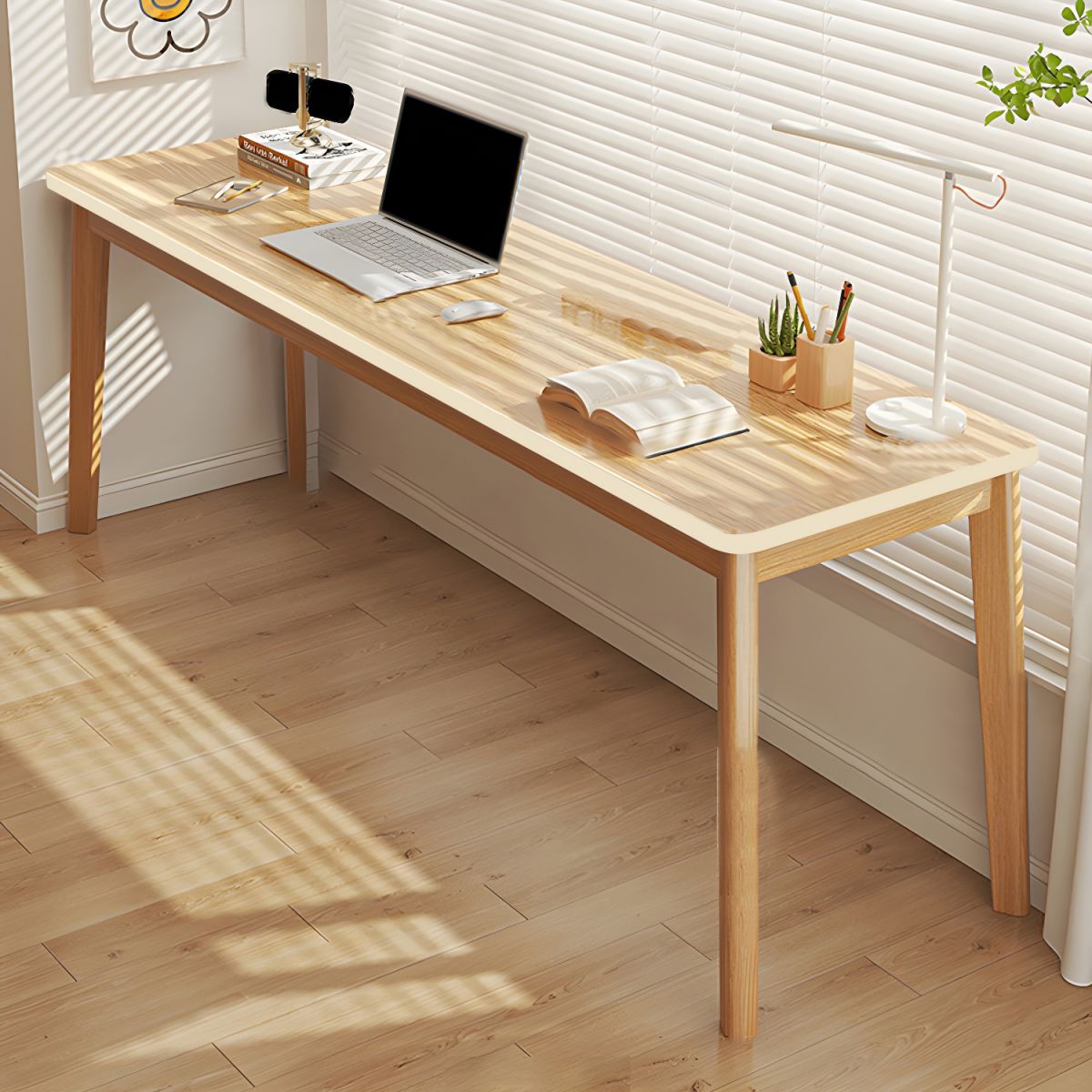 Modern Solid Wood Rectangular Office Desk with 4 Bold Solid Wood Frame ...