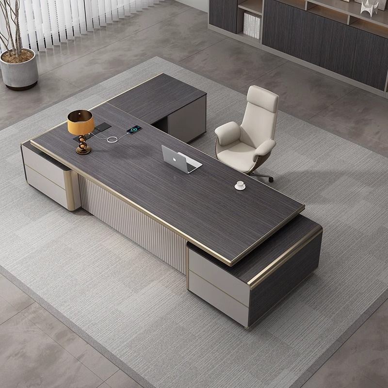 L-Shape Office Desk Chair Set in Grey with Executive Desk Office ...