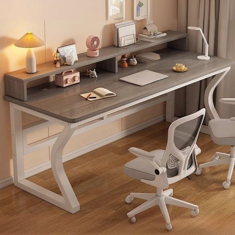 Hutch-Equipped Grey Computer Desk with Integrated Cable Management ...
