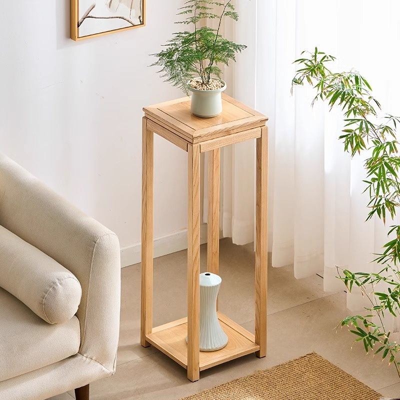 Natural Finish Square Plant Side Table with Natural Wood Top Plant ...