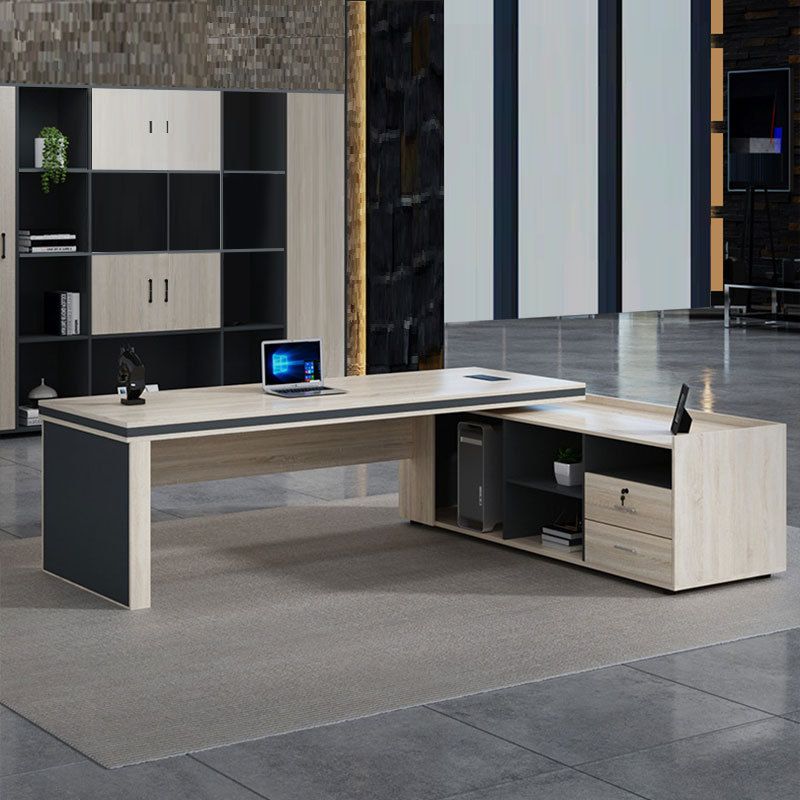 Cream Office Desk with Lockable Drawer, Concealed Cable Management, CPU ...