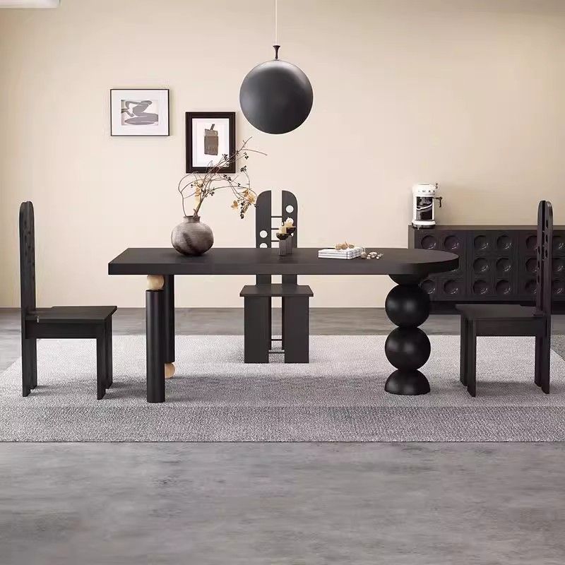 Art Deco Curved Line Dining Table with Ink Natural Wood Top and Fixed ...