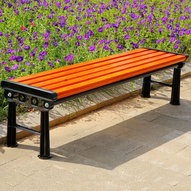 Simple Outdoor Bench with Tan Engineered Wood, Back, and Curved Arm ...