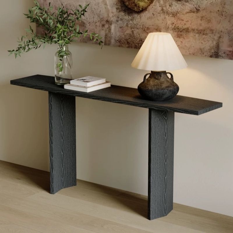 Trendy Rectangular Natural Wood Foyer Table with Sleigh Base Console Tables