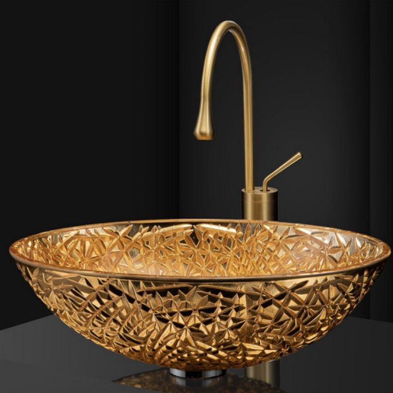 Elegant Glass Oblong Vessel Bathroom Sink in Brown/Transparent/Golden ...