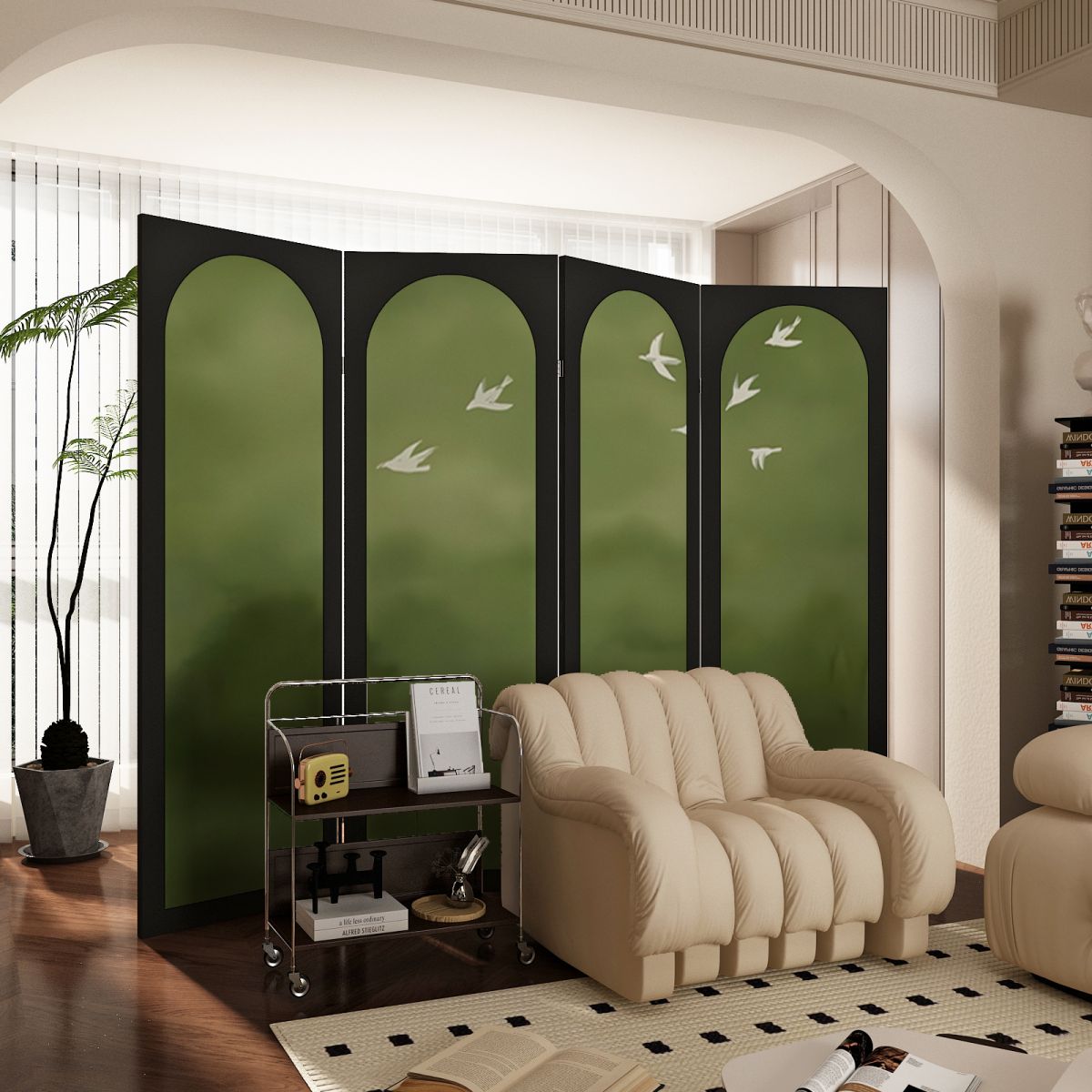 Sage Opaque Fold-up Screen Divider with Natural Wood Frame, 4 Panels ...