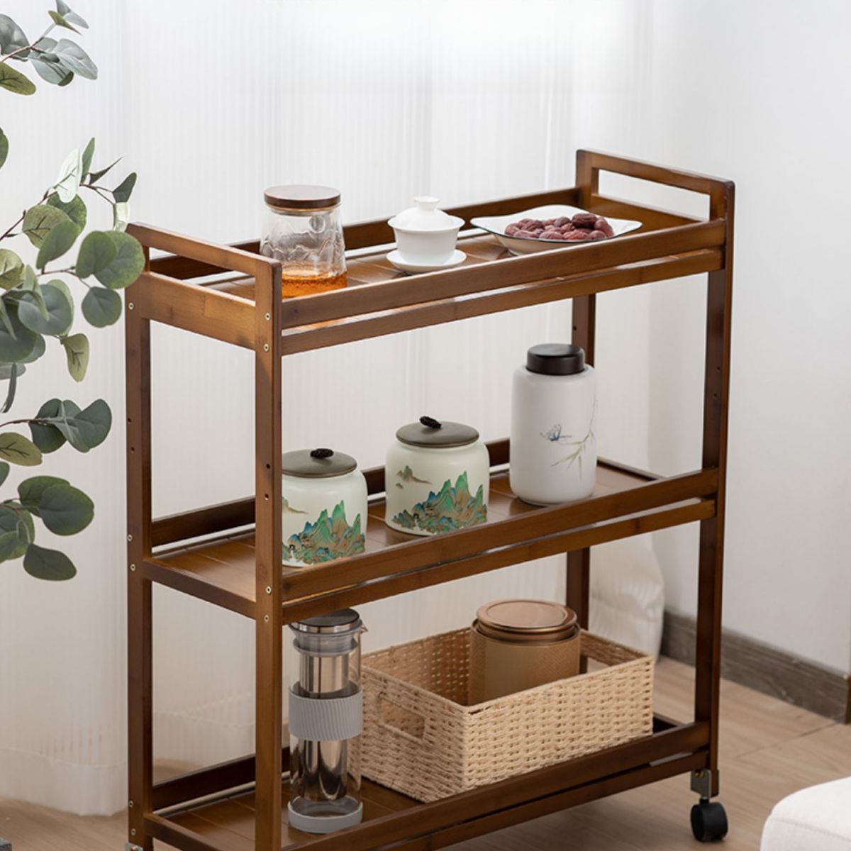 Modern Natural/Brown Wood Countertop Rectangle Movable Unit with Open Storage and Removable ...