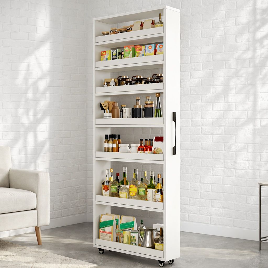 Wooden Narrow Buffet Server with 7 Exterior Shelves and Open Storage ...
